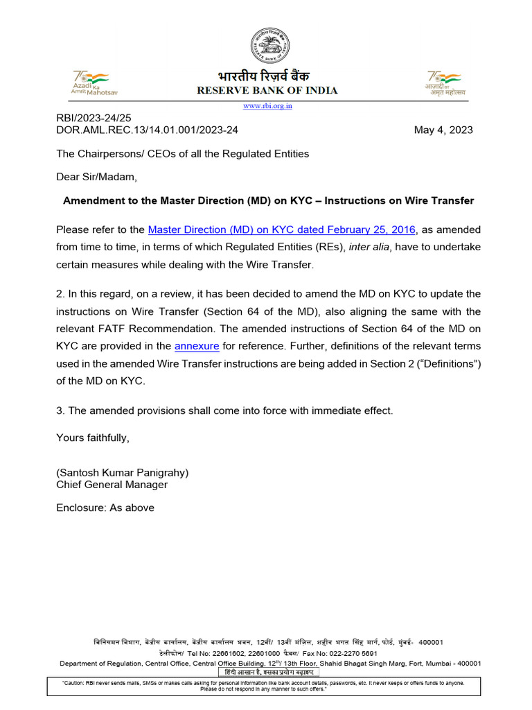 Amendment To The Master Direction (MD) On KYC - Instructions On Wire ...