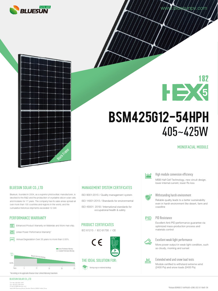 Bluesun BSM425G12-54HPH Brochure | PDF | Photovoltaics | Electrical ...
