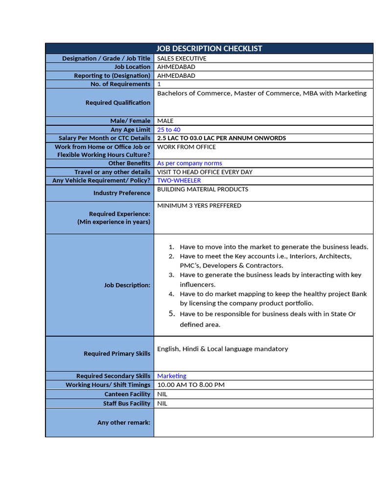 Sales Executive Job Requirements in Ahmedabad | PDF