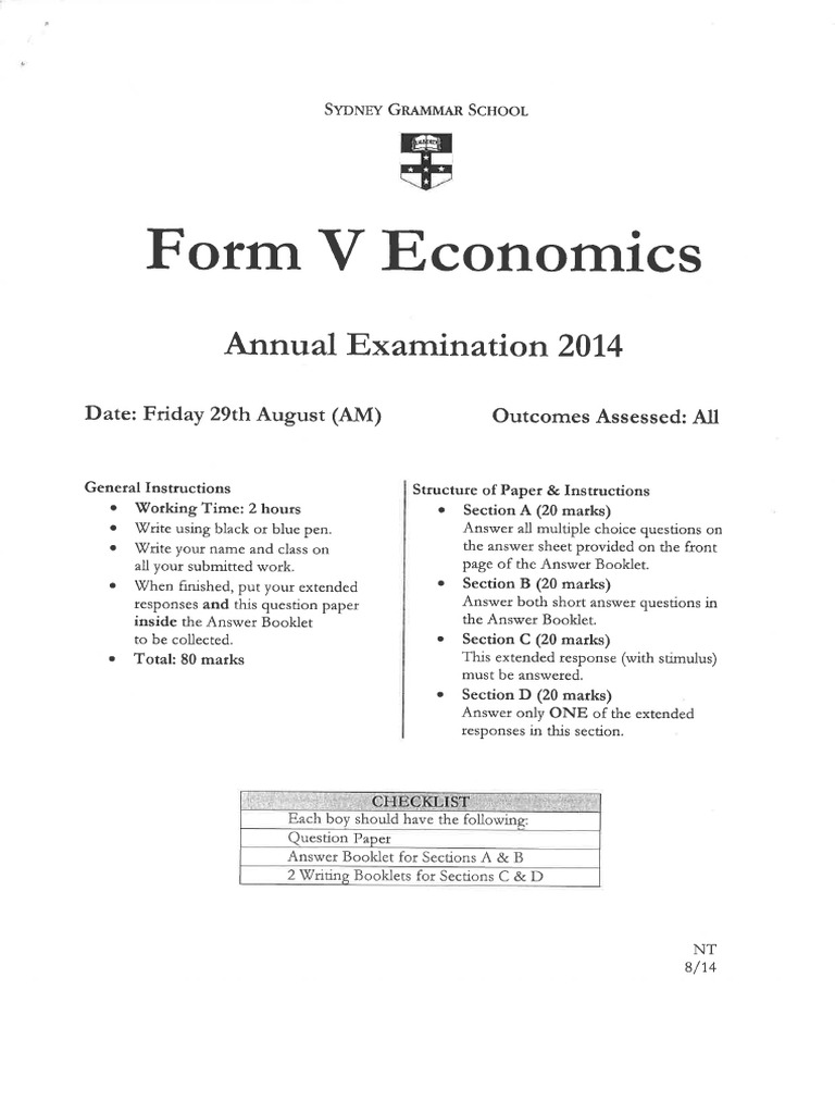 Sydney Grammar 2014 Economics Prelim Yearly & Solutions | PDF