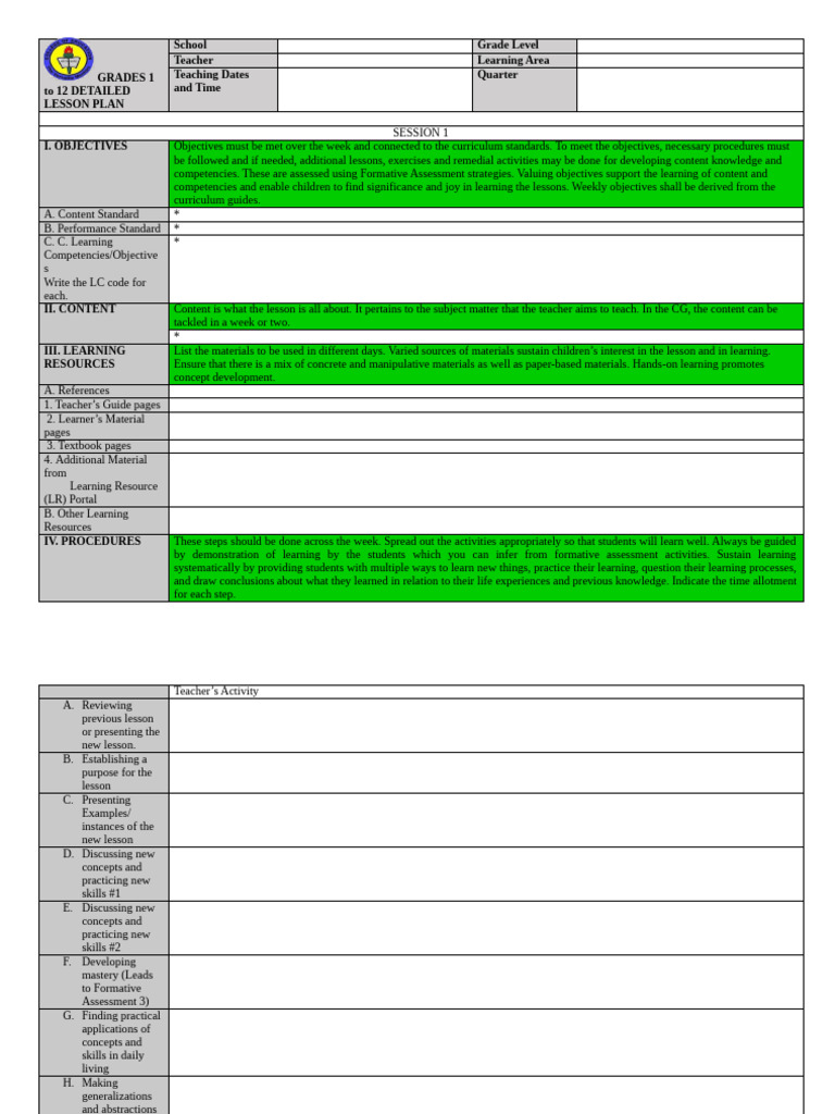 Detailed Lesson Plan Template | PDF | Learning | Lesson Plan