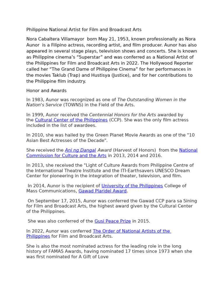 Nora Aunor: National Artist for Film | PDF | Art