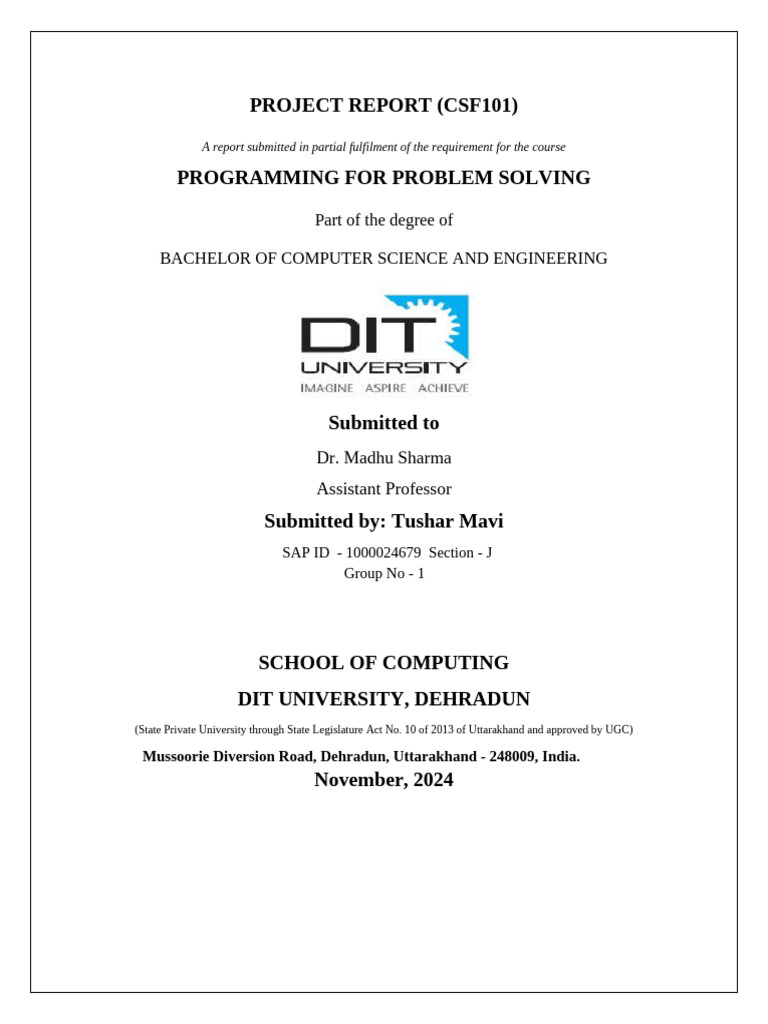 Report Format Mini Project CSF101 | PDF | Computing | Computer Science