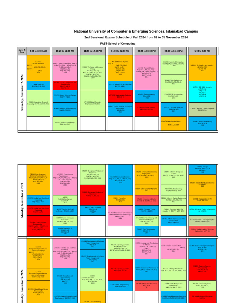 2nd Sessional Exams Schedule Fall 2024 Version-Final As On 25-10-2024 | PDF | Artificial ...