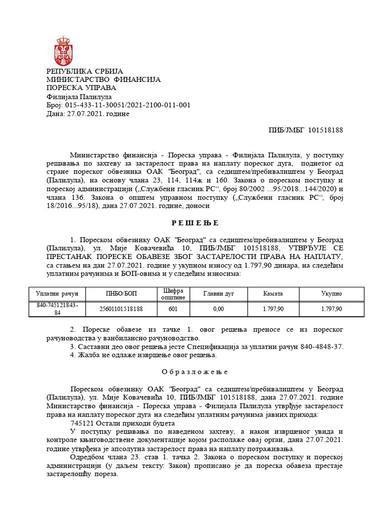 Resenje - o - Apsolutnoj - Zastarelosti - Bez Mirovanja | PDF