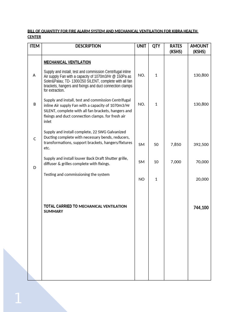 Fie Alarm & Mechanical Ventilation Boq | PDF | Duct (Flow) | Electrical Engineering