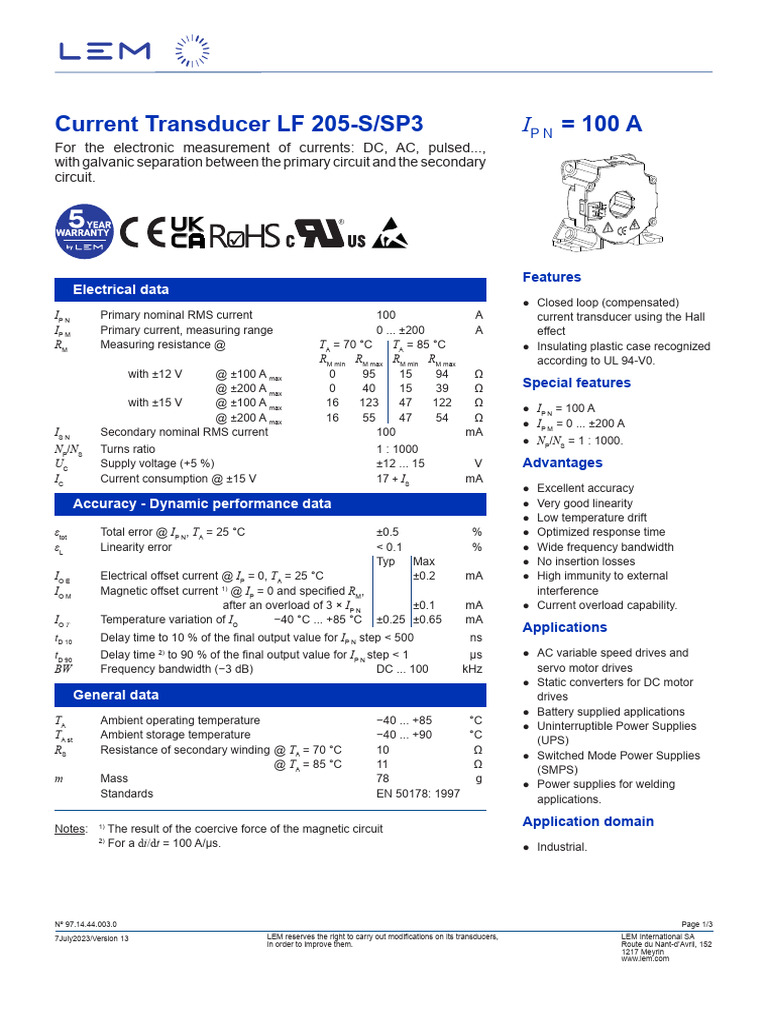 Current Transducer LF 205-S/SP3 100 A | PDF | Insulator (Electricity ...