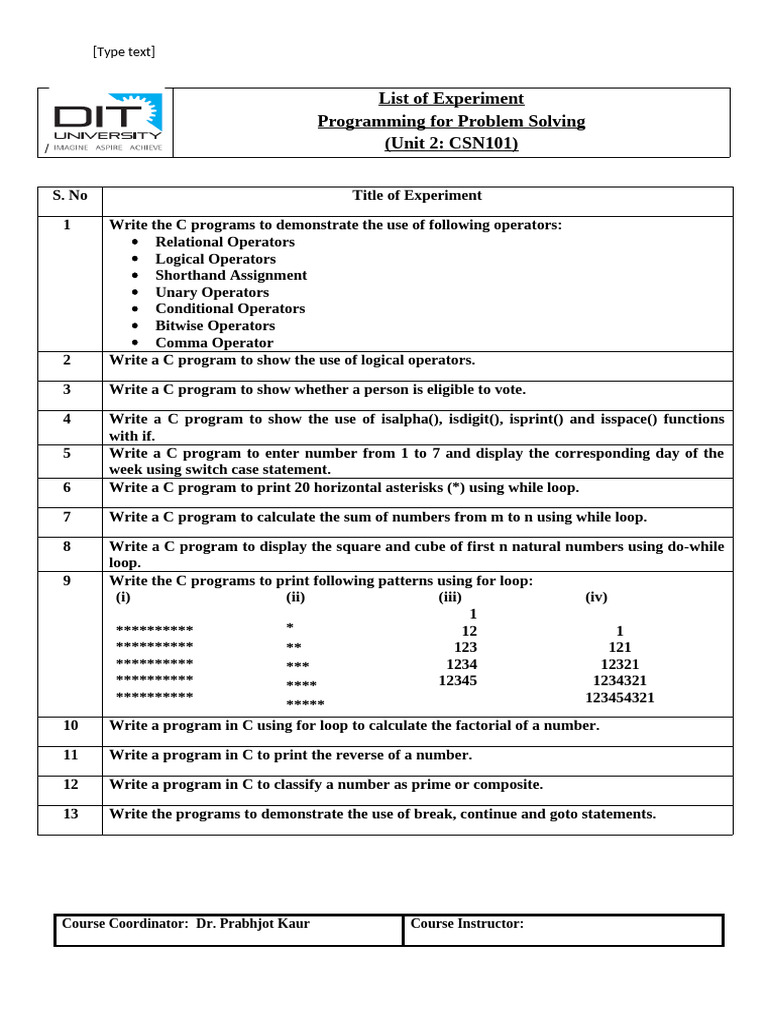 CSN101 Lab Objectives Unit-02 | PDF | Control Flow | Software Engineering