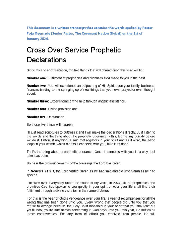 Transcript - TCN Prophetic Utterances From Cross Over Service | PDF ...