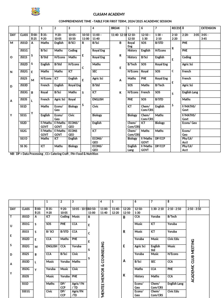 Final Time Table For First Term | PDF