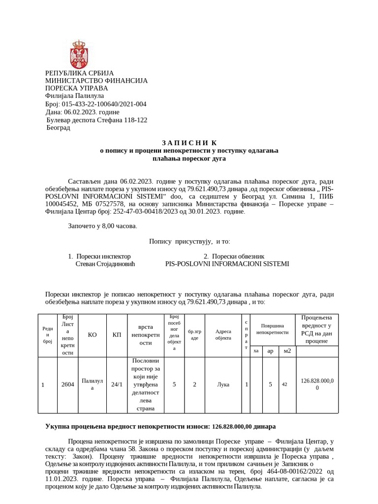 Zapisnik - o - Popisu - I - Proceni - Nepokretnosti - U - Postupku - Odlagawa PIS POSLOVNI ...