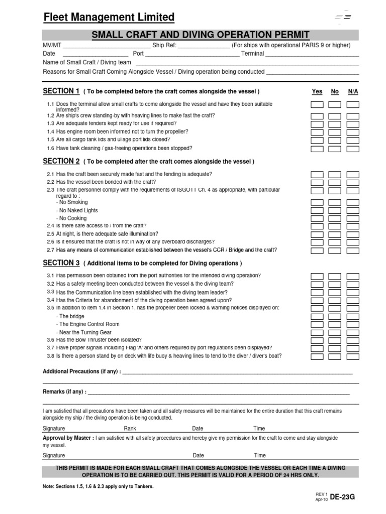DE 23G - Small Craft and Diving Operation Permit | PDF | Ships | Underwater Diving