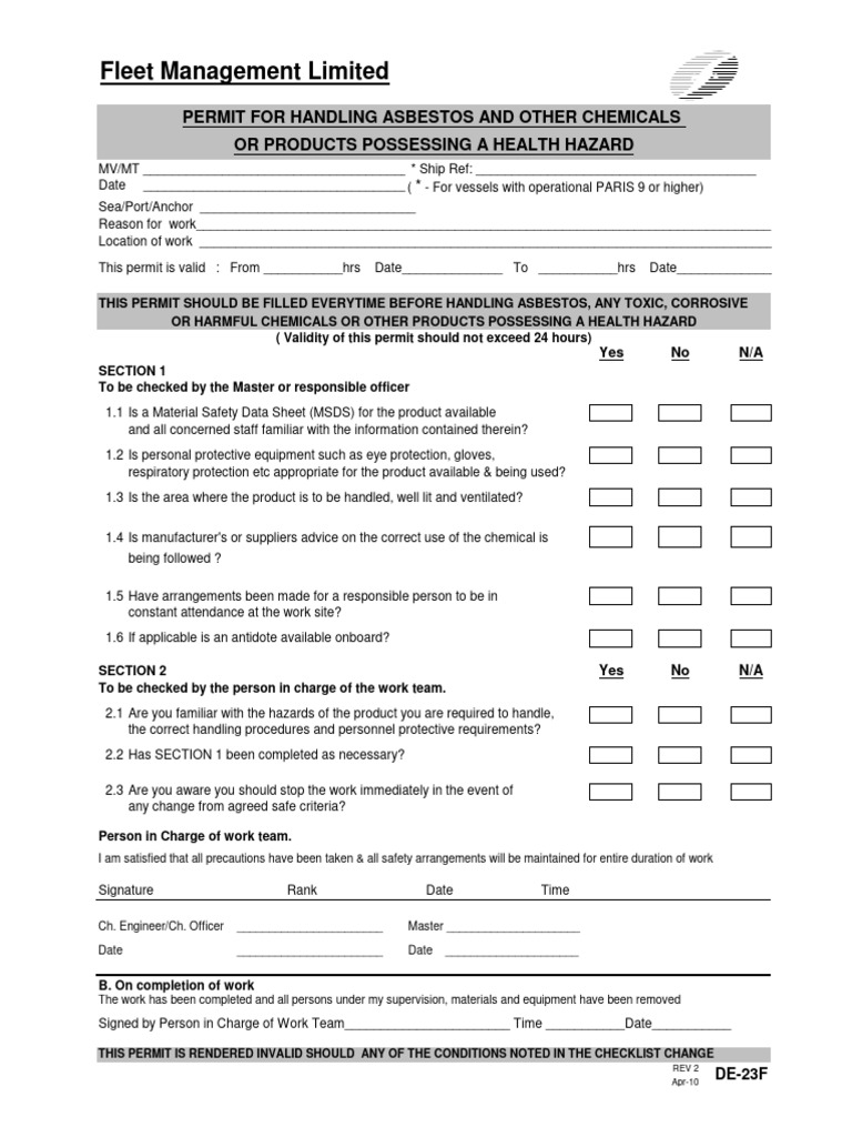 DE 23F - Permit For Handling Asbestos and Other Chemicals or Products ...