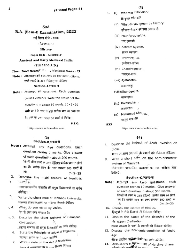 Ba 1 Sem History Ancient and Early Medieval India Till 1206 Ad 533 2022 ...