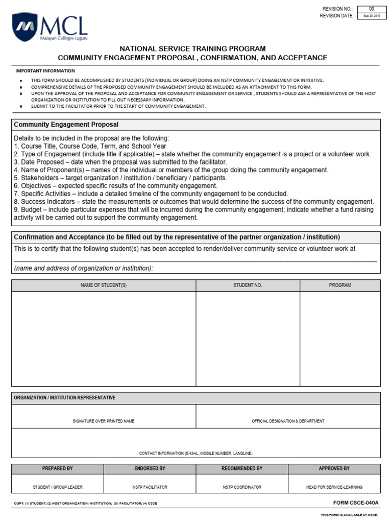 Community Engagment Proposal, Confirmation, and Acceptance | PDF