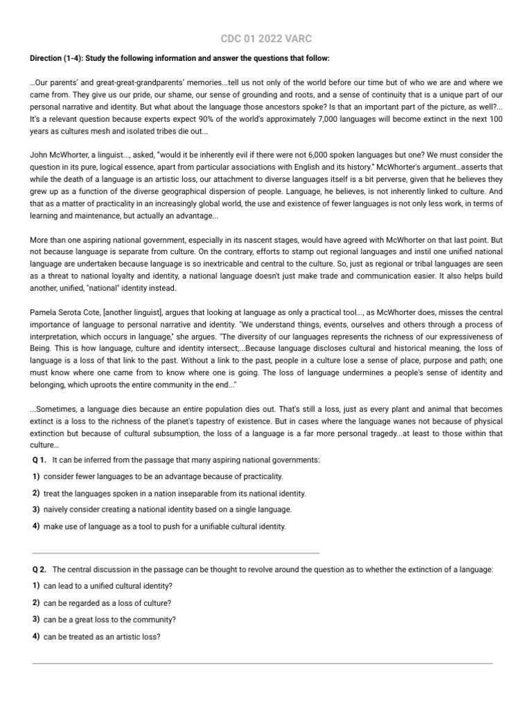 CDC 01 2022 VARC: Direction (1-4) : Study The Following Information and Answer The Questions ...