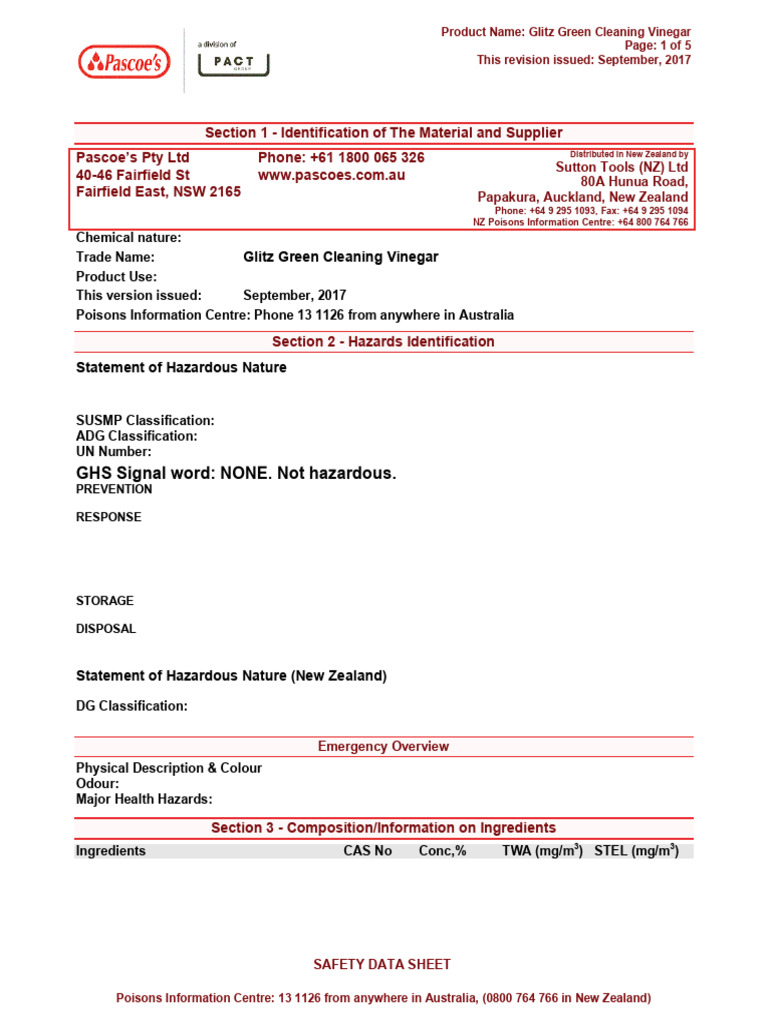 Glitz Green Cleaning Vinegar ANZ | PDF | Fires | Dangerous Goods