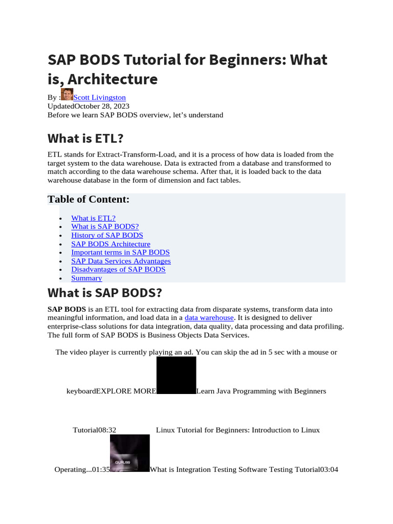 SAP BODS Tutorial For Beginners What Is, Architecture | PDF | Data Warehouse | Metadata