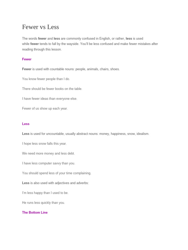 Fewer vs. Less: Key Grammar Rules | PDF