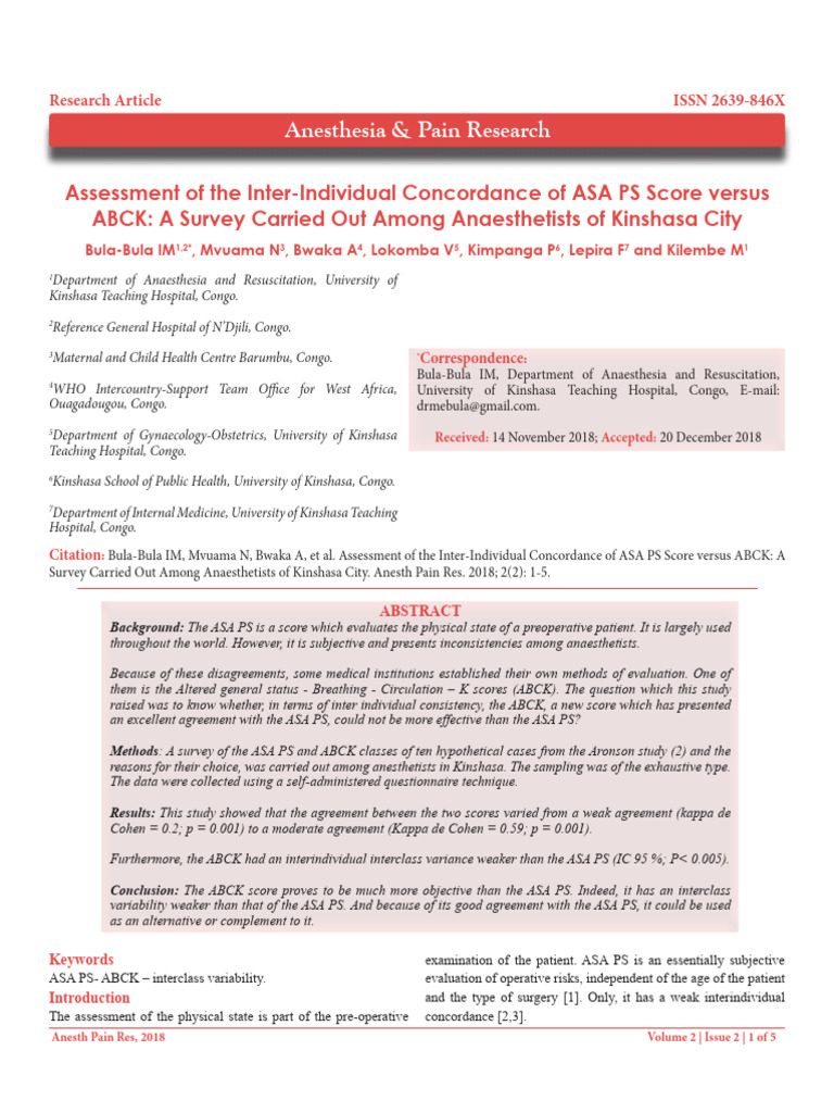 Assessment of The Interindividual Concordance of Asa Ps Score Versus Abck A Survey Carried Out ...
