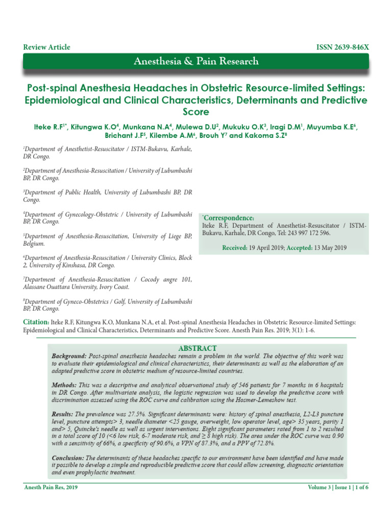 Postspinal Anesthesia Headaches in Obstetric Resourcelimited Settings ...