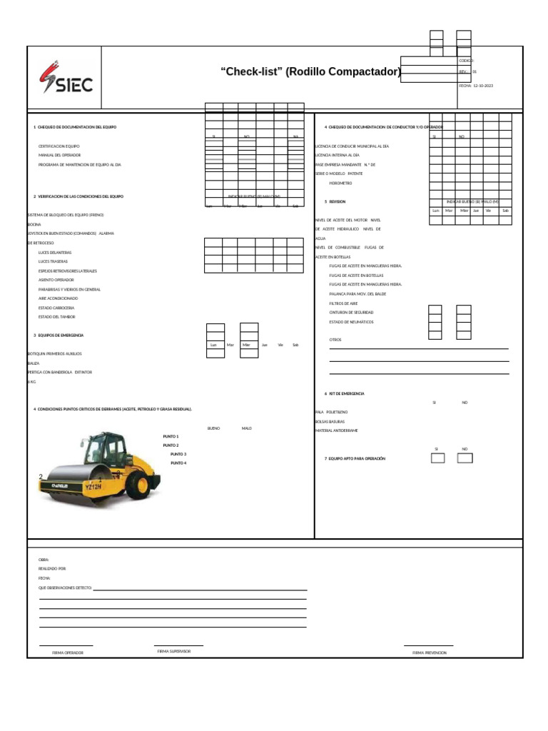 Check List Rodillo Compactador | PDF | Coche | Tecnología de vehículos