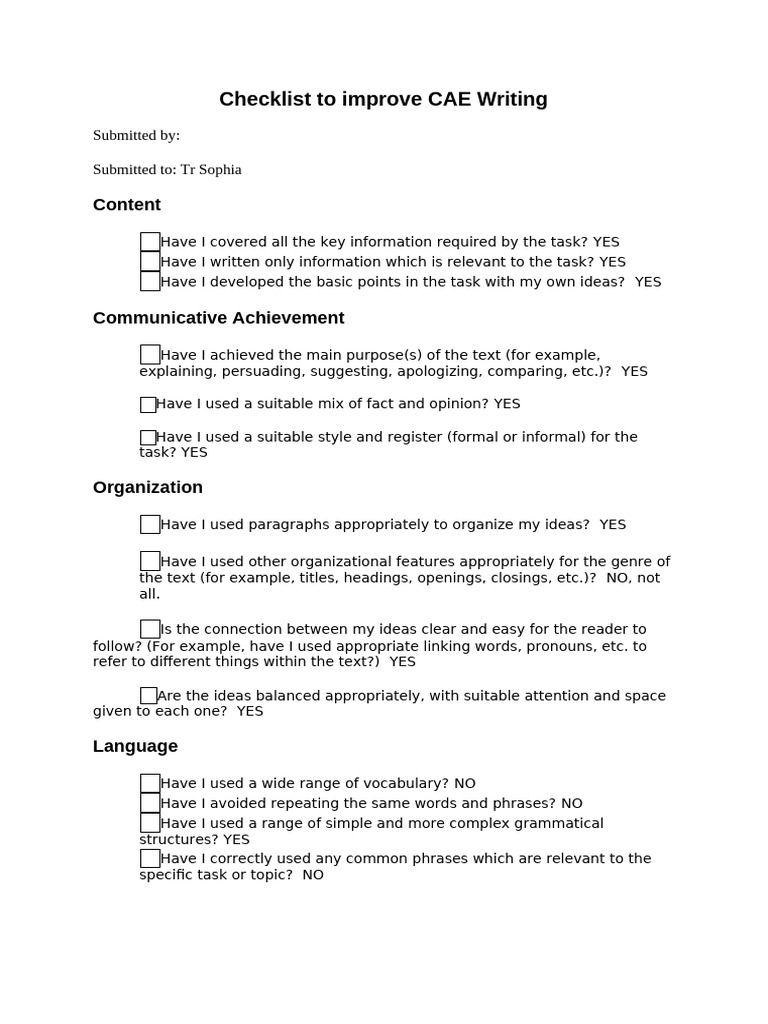 Checklist To Improve CAE Writing-By Sophia - 1 | PDF
