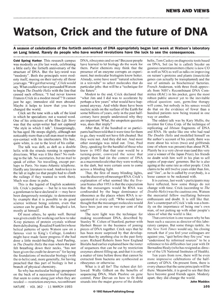 Watson, Crick and The Future of DNA | PDF | Francis Crick | Dna