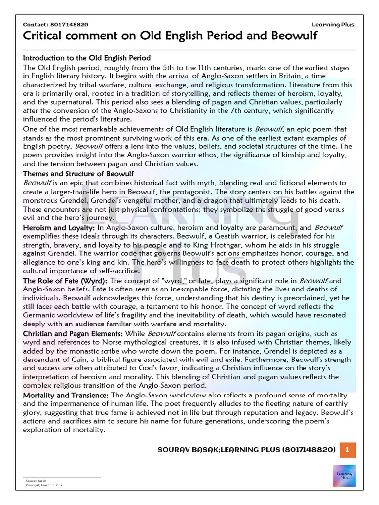 Critical Comment On Old English Period and Beowulf | PDF | Beowulf | Poetry