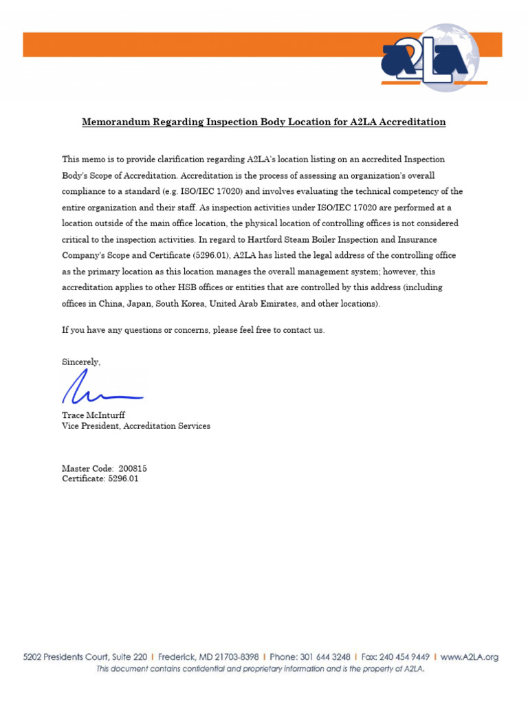 HSB ISO 17020 Global Location Memo Revised 10 - 4 - 23 | PDF