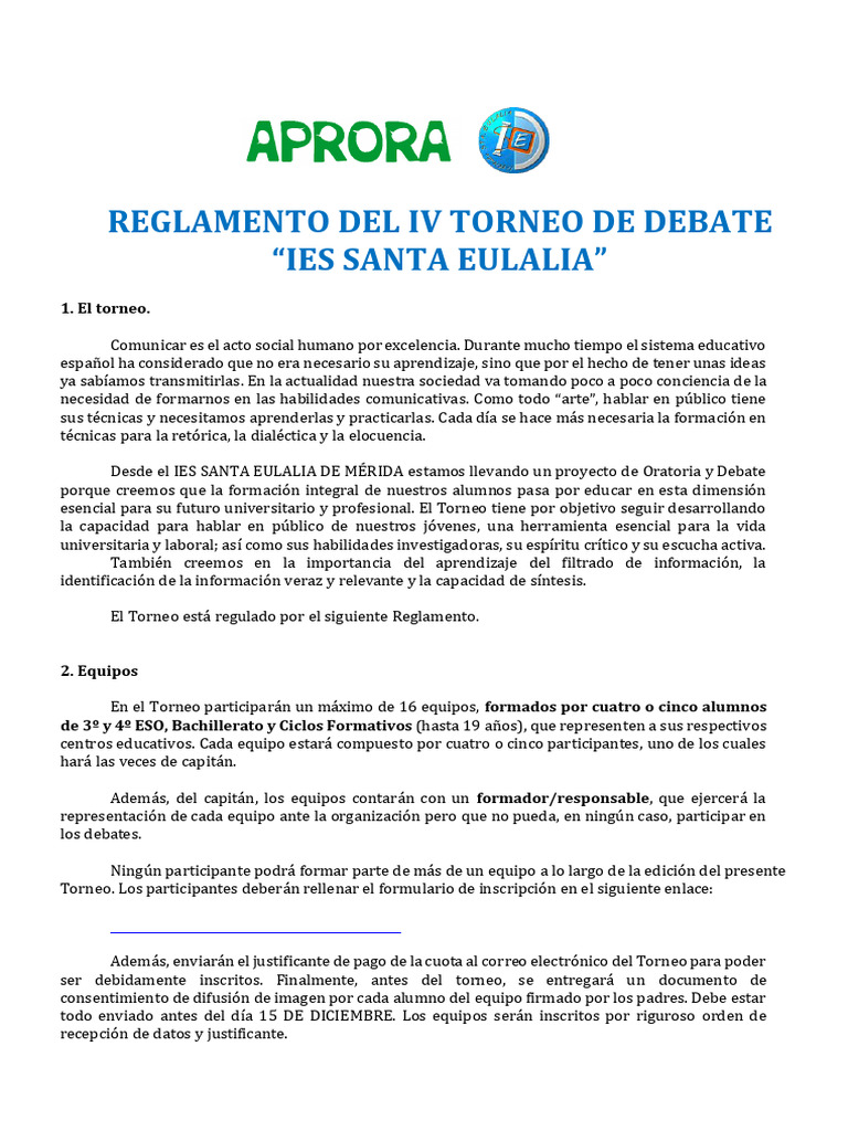 Reglamento IV Torneo de Debate IES Eulalia | PDF | Aprendizaje