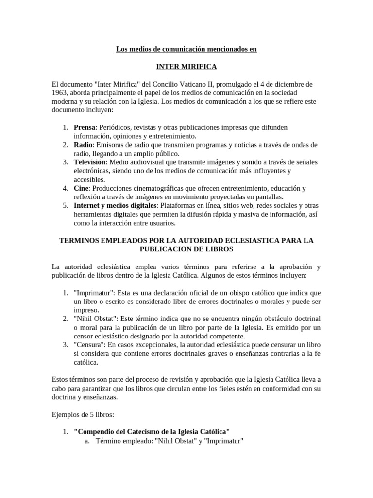 Inter Mirifica | PDF | Iglesia Católica | Medios de comunicación)