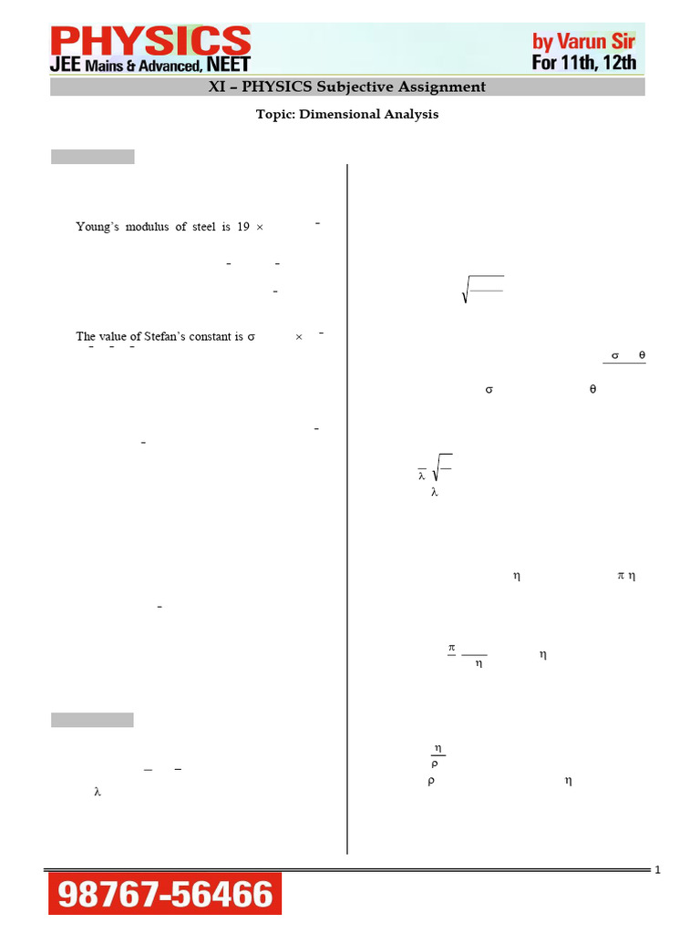 XI - Phy - Asg - Dimensional Analysis | PDF | Viscosity | Force