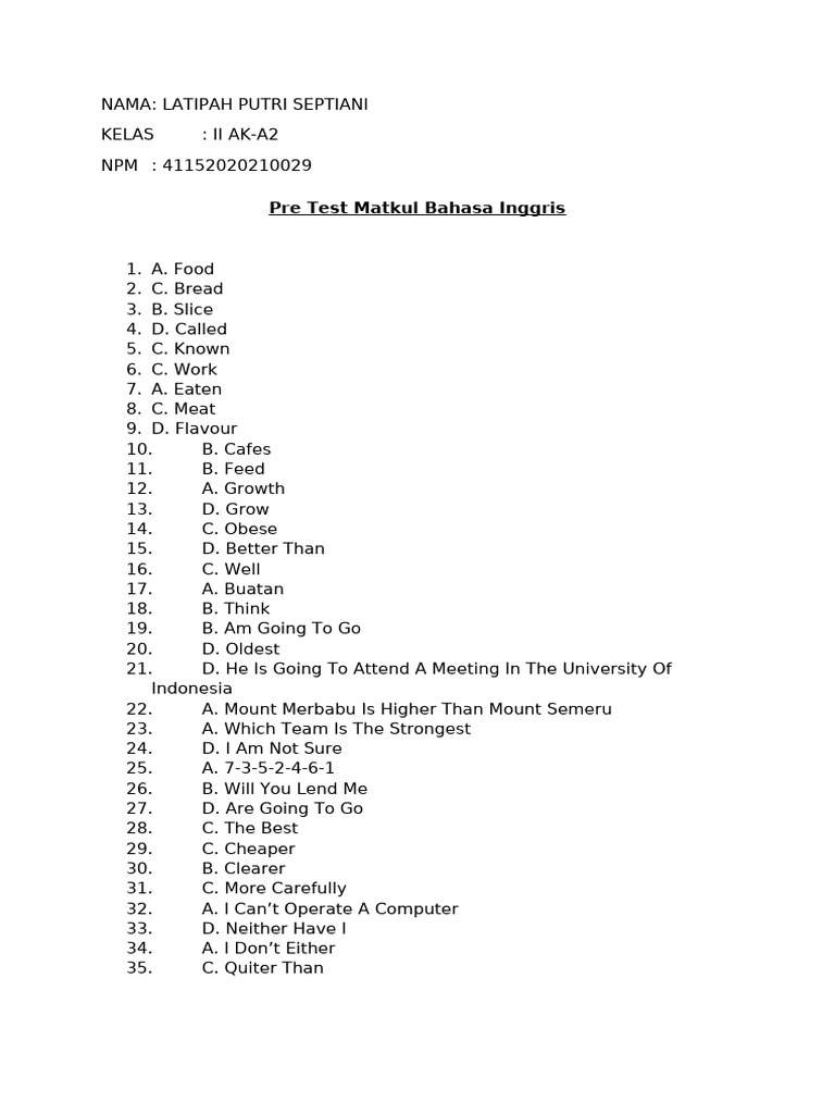 Pre Test Results for Putri Septiani | PDF