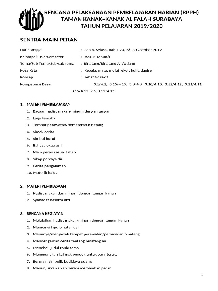 RPPH Tema Binatang Air: Udang TK | PDF