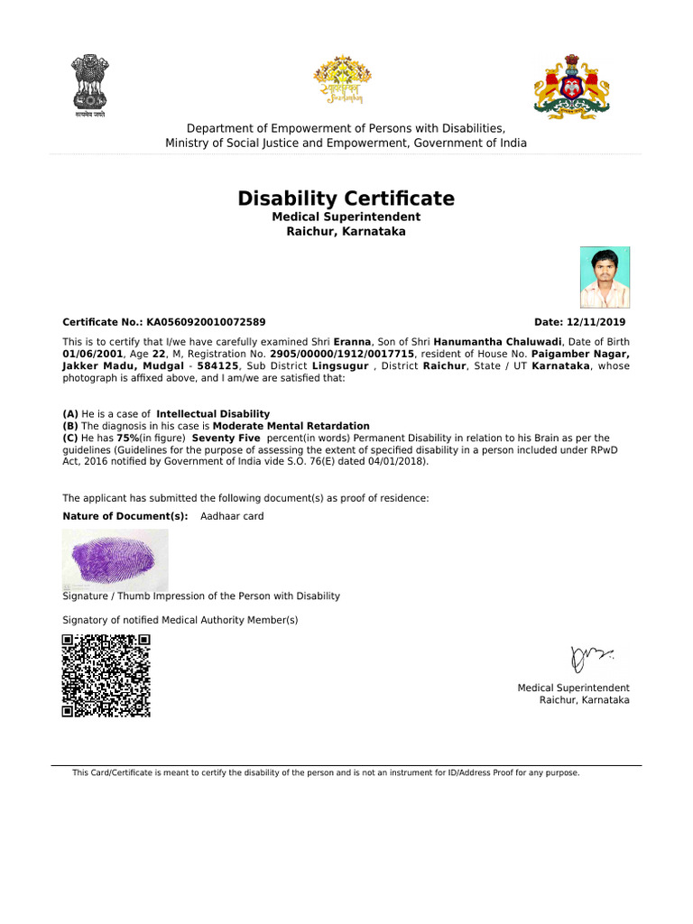 Disability Certificate for Intellectual Disability | PDF