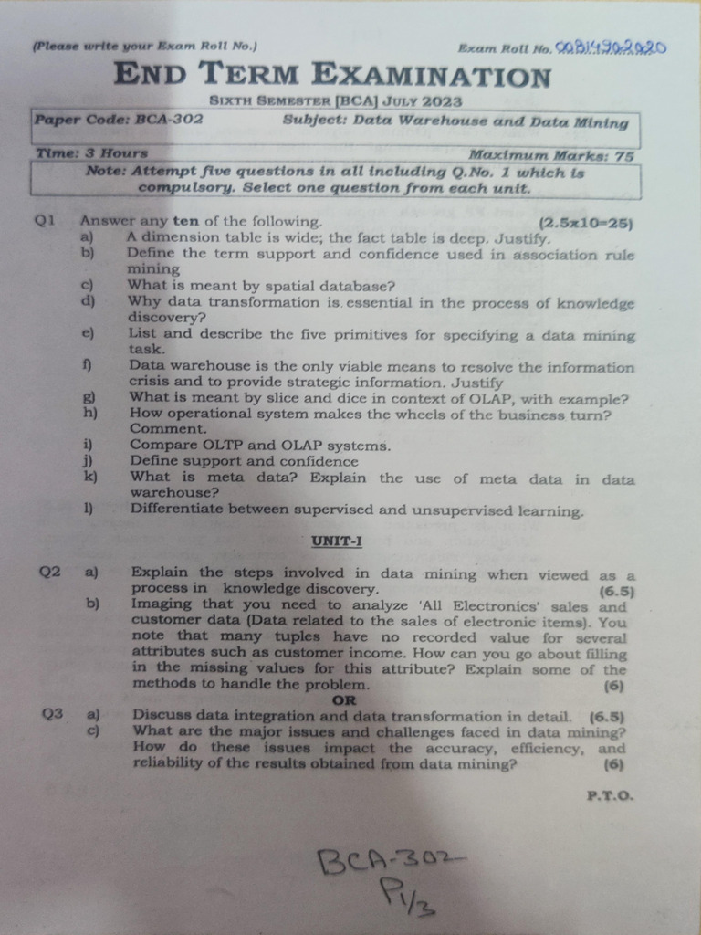 Ipjugaad Bca 6th Sem Data Warehousing Data Mining Paper 2023 | PDF