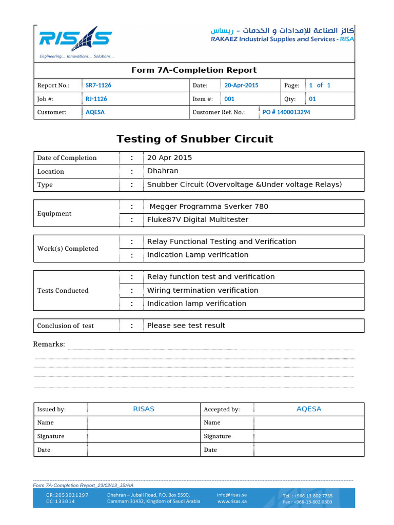 Form 7A Completion Report_ Snubber Circuit | PDF | Power Engineering | Equipment