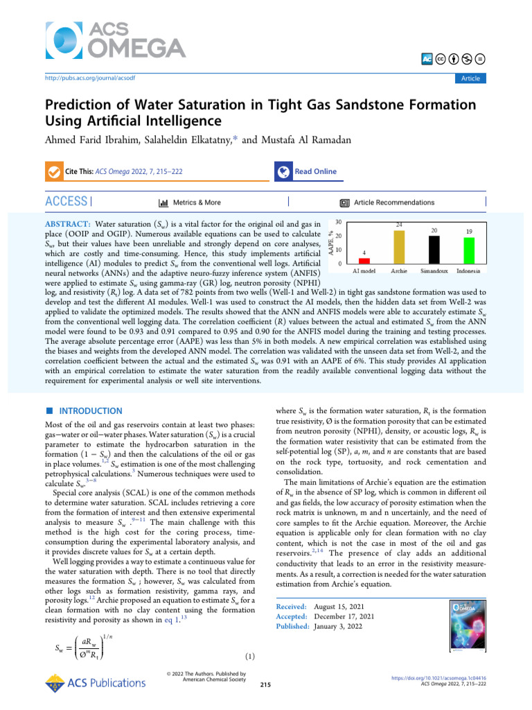 Ibrahim Et Al 2022 Prediction of Water Saturation in Tight Gas Sandstone Formation Using ...
