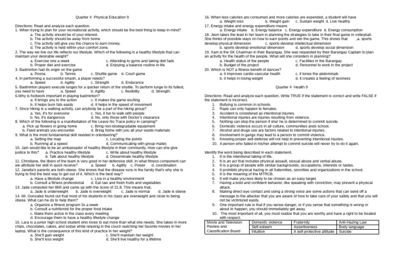 PE & Health 9: Quarter 4 Quiz Guide | PDF | Dieting | Energy Homeostasis