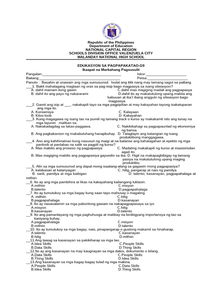 Esp Grade 9 4th QTR Periodical Test | PDF