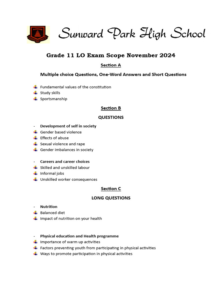 Grade 11 LO Exam Scope | PDF