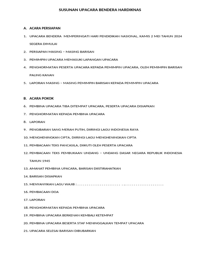Susunan Upacara Bendera Hardiknas 2024 | PDF