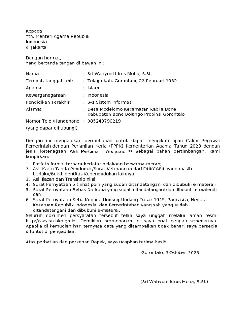 Contoh Surat Lamaran CPPPK. 2023docx | PDF | Ilmu Sosial | Hukum