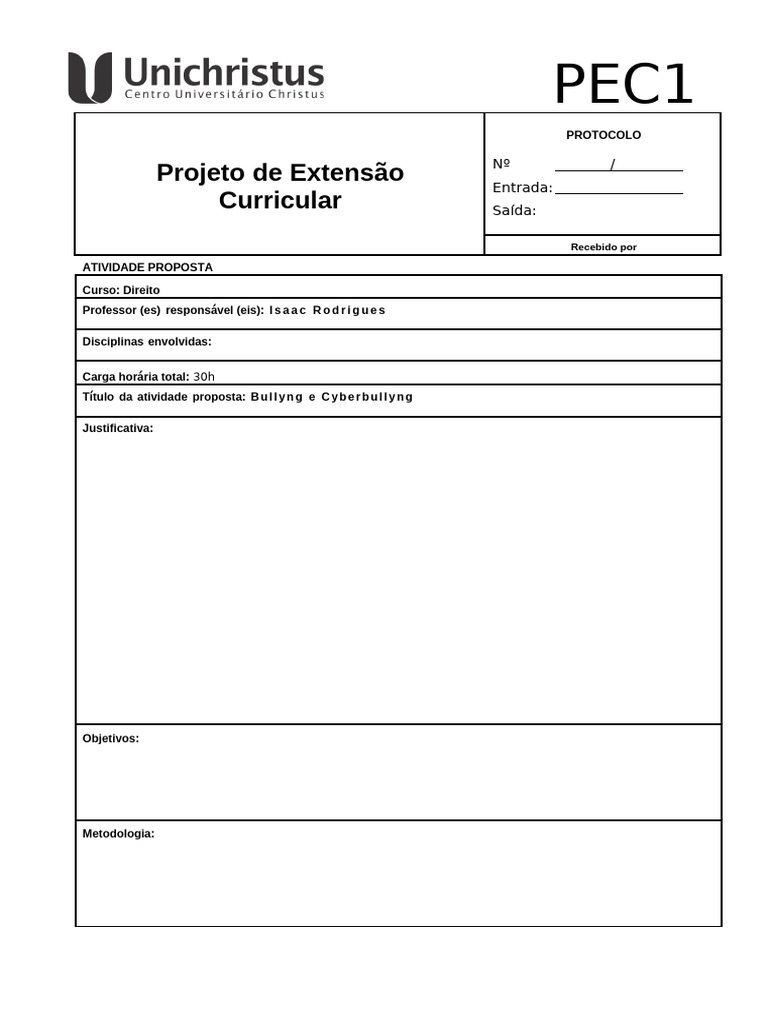 Formulário PEC1 (Projeto de Extensão Curricular) - VERSÃO EDITÁVEL) | PDF