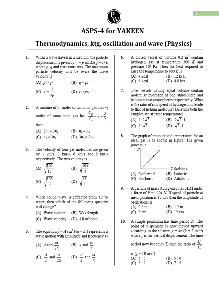 Assignment Thermodynamics, KTG, Oscillation and Wave Physics ASPS | PDF | Waves | Gases