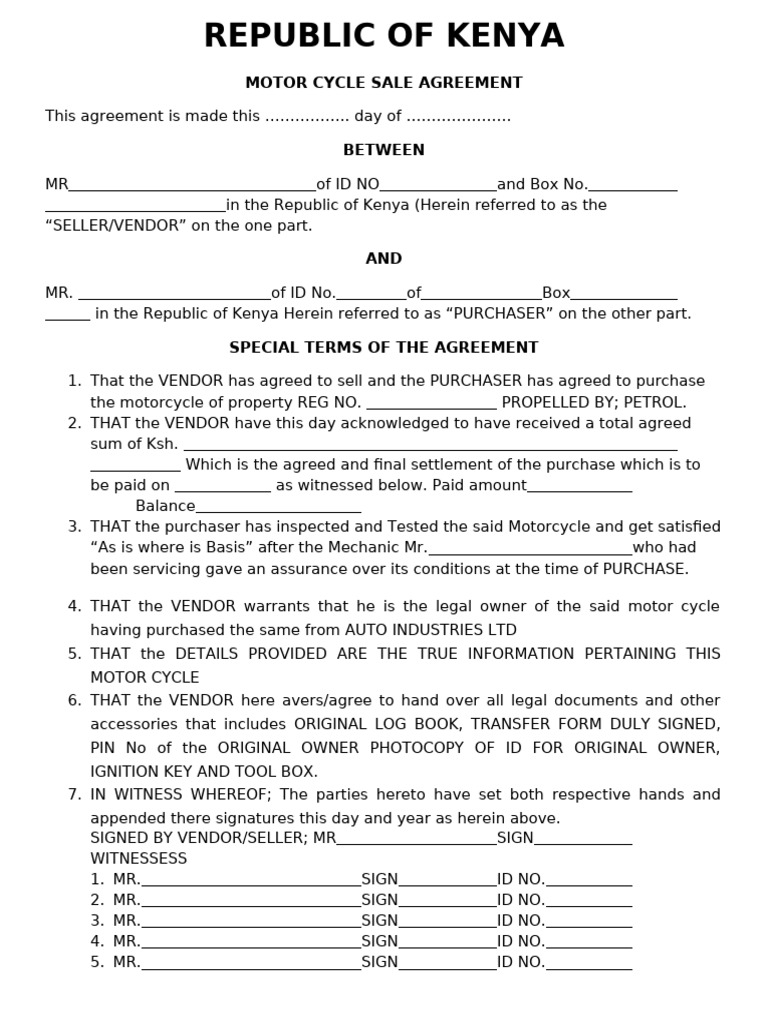 Motorcycle Sale Agreement Kenya | PDF | Law