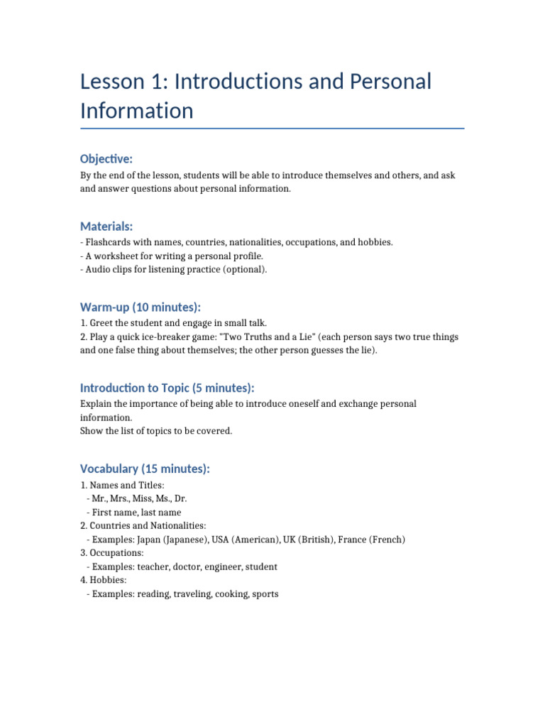 Lesson 1 Introductions and Personal Information | PDF | Japanese Language | Linguistics