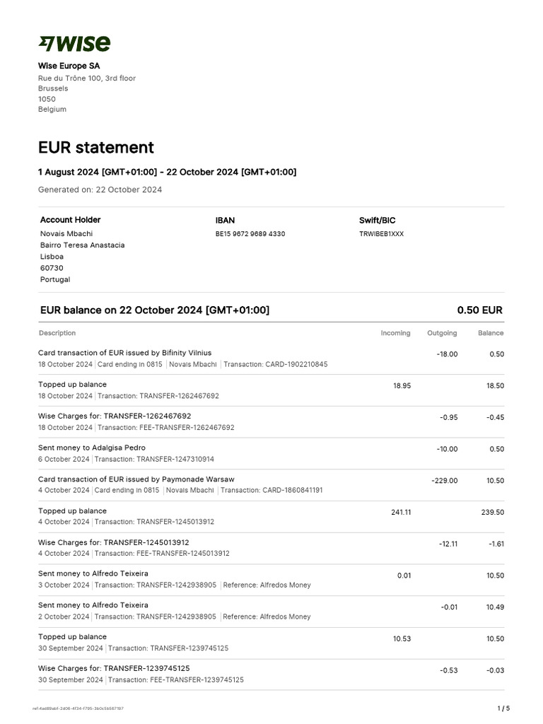 Wise Europe SA Account Statement 2024 | PDF | Payments | Banking Technology