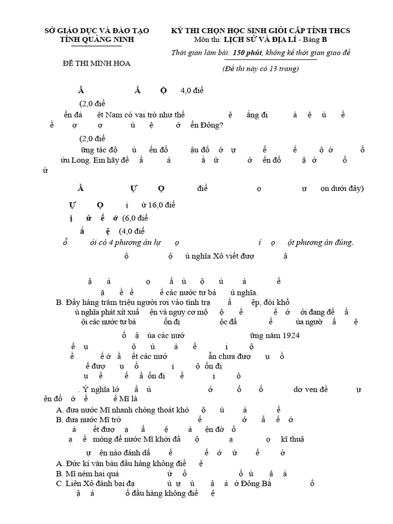 Môn Lịch sử và Địa lí - Đề minh họa HDC bảng B HSG THCS cấp tỉnh | PDF